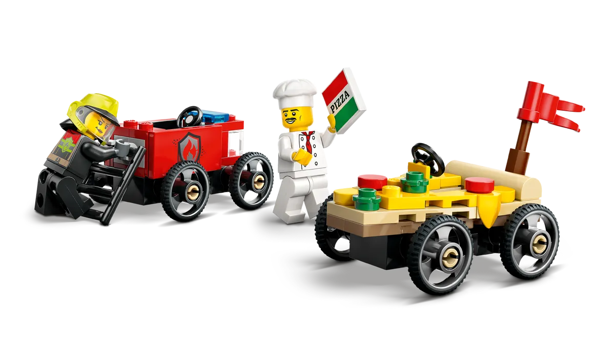 Pizza vs. Fire Truck Race Car Pack - Videos - LEGO.com for kids